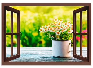 4057738381952 - Wandbild ARTLAND Fensterblick Garten mit Gänseblümchen Bilder Gr B H 70 cm x 50 cm Alu-Dibond-Druck Blumen Querformat 1 St braun Bild Poster Bilder als Alubild Leinwandbild Wandaufkleber oder in versch Größen