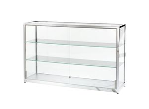 4260222860356 - Vitrine halbhoch Höhe 910 mm 2 Schiebetüren BxT 1500 x 400 mm Edelstahl-Optik kaiserkraft