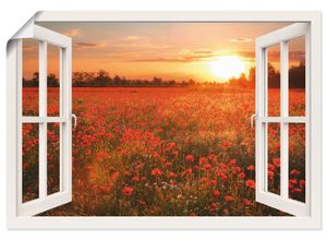 4057738335238 - Wandbild ARTLAND Fensterblick Mohnblumenfeld Bilder Gr B H 100 cm x 70 cm Poster Blumen Querformat 1 St weiß Bild Poster Bilder als Alubild Leinwandbild Wandaufkleber oder in versch Größen