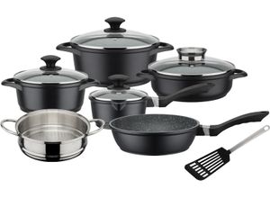 4005643414562 - Topf-Set Gourmet Granit Aluminiumguss (Set 11-tlg Kochtopf 20 24 Stieltopf 16 2 Pfannen 24cm 1 Dämpfer Pfannenwender) Induktion schwarz