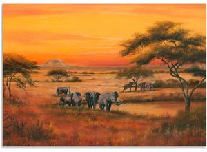 4057738425533 - Wandbild ARTLAND Afrika Elefanten Bilder Gr B H 100 cm x 70 cm Alu-Dibond-Druck Afrika 1 St orange Bild Metallbild Metallbilder Bilder als Alubild Leinwandbild Wandaufkleber oder Poster in versch Größen