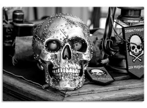 4062144332986 - Wandbild ARTLAND Totenkopf silber (silberfarben) Bilder B H 120cm x 80cm Leinwandbild klassische Fantasie Querformat Canvas Leinwand Bild Poster als Leinwandbild Poster Wandaufkleber in verschied Größen B120cm H80cm