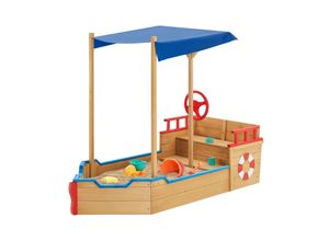 4260565523543 - Sandkasten Käptn Pit – Piratenschiff Boot aus Holz – Große Kinder Sandkiste für den Garten mit Bodenplane und Sitzbank Outdoor Sandbox - Juskys