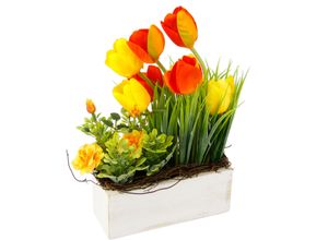 4019844776008 - Gestecke MY HOME Tulpen Wildrosen und Gras Kunstpflanzen Gr B H L 18 cm x 26 cm x 10 cm 1 St gelb (gelb orange) Trockenblumen Im Topf aus Holz Blumendeko