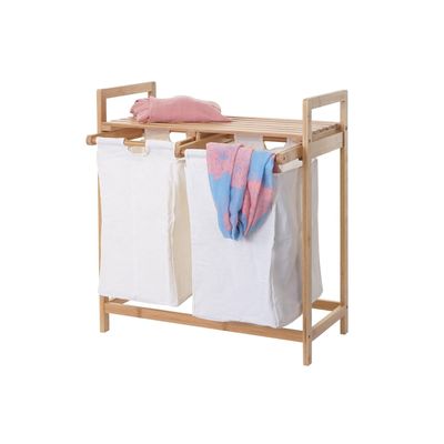 Wäschesammler MCW-B83, Laundry Wäschesortierer Wäschekorb Wäschebehälter, Bambus 2 Fächer 74x64x33cm 70l ~ weiß