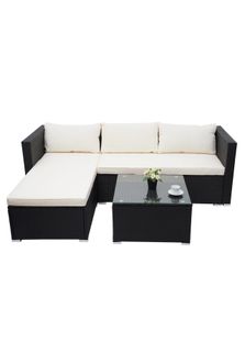 Poly-Rattan Garnitur HWC-F57, Balkon-/Garten-/Lounge-Set Sofa Sitzgruppe ~ schwarz, Kissen creme ohne Deko-Kissen