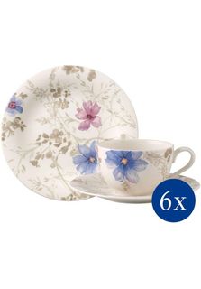 Villeroy & Boch Villeroy & Boch Kaffeeservice Geschirr-Set, Service Mariefleur Gris Basic (18-tlg), 6 Personen, Porzellan, mit schönen Blumenmuster, 18 Teile, für 6 Personen, bunt