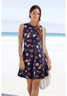 Beach Time Beachtime Strandkleid mit Blumendruck, Sommerkleid aus elastischer Baumwolle, blau|rot, 34